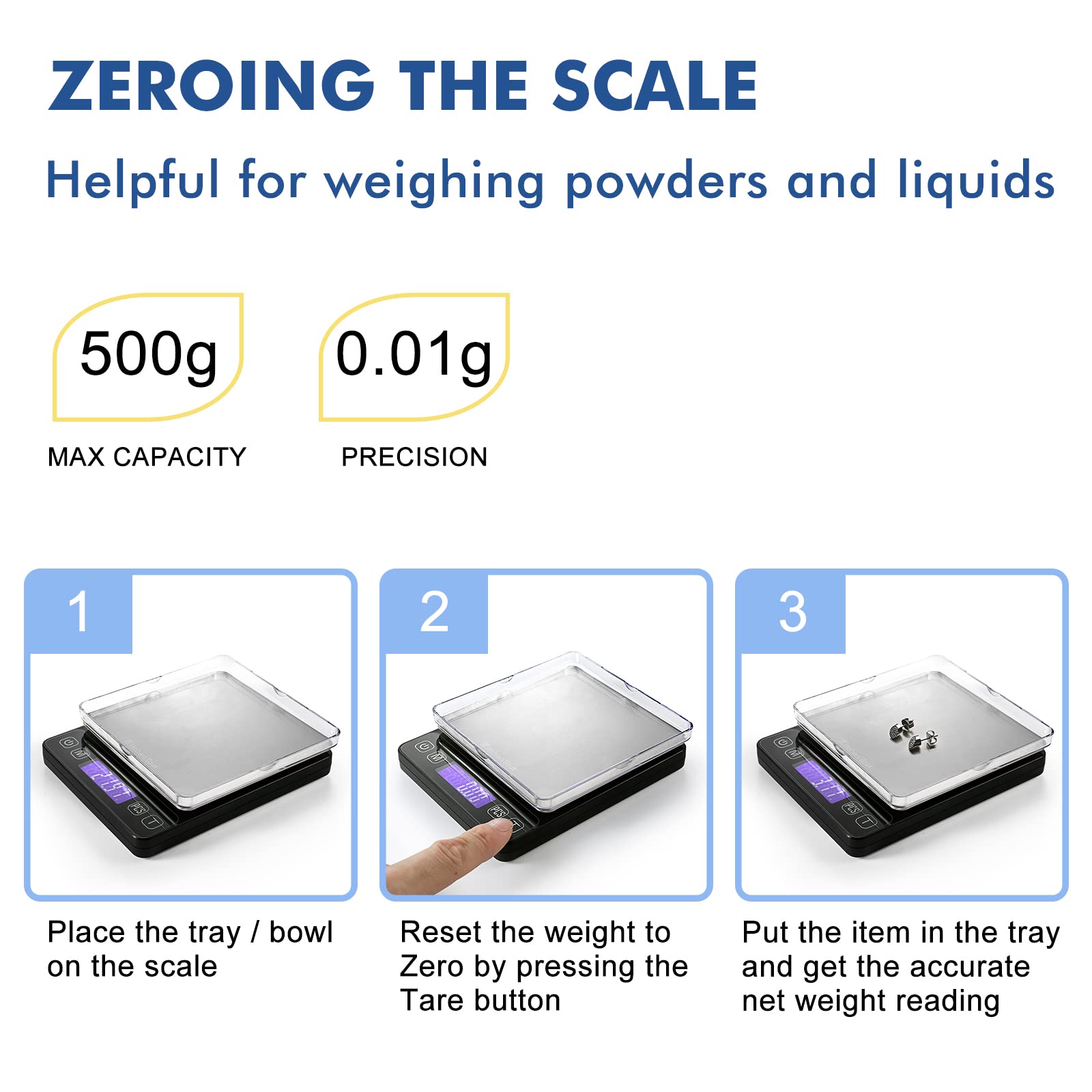 KitchenTour Digital Kitchen Scale - 500g/0.01g High Accuracy Precision Multifunction Food Meat Scale Jewelry Lab Carat Powder Scale with Back-Lit LCD Display(Batteries Included)