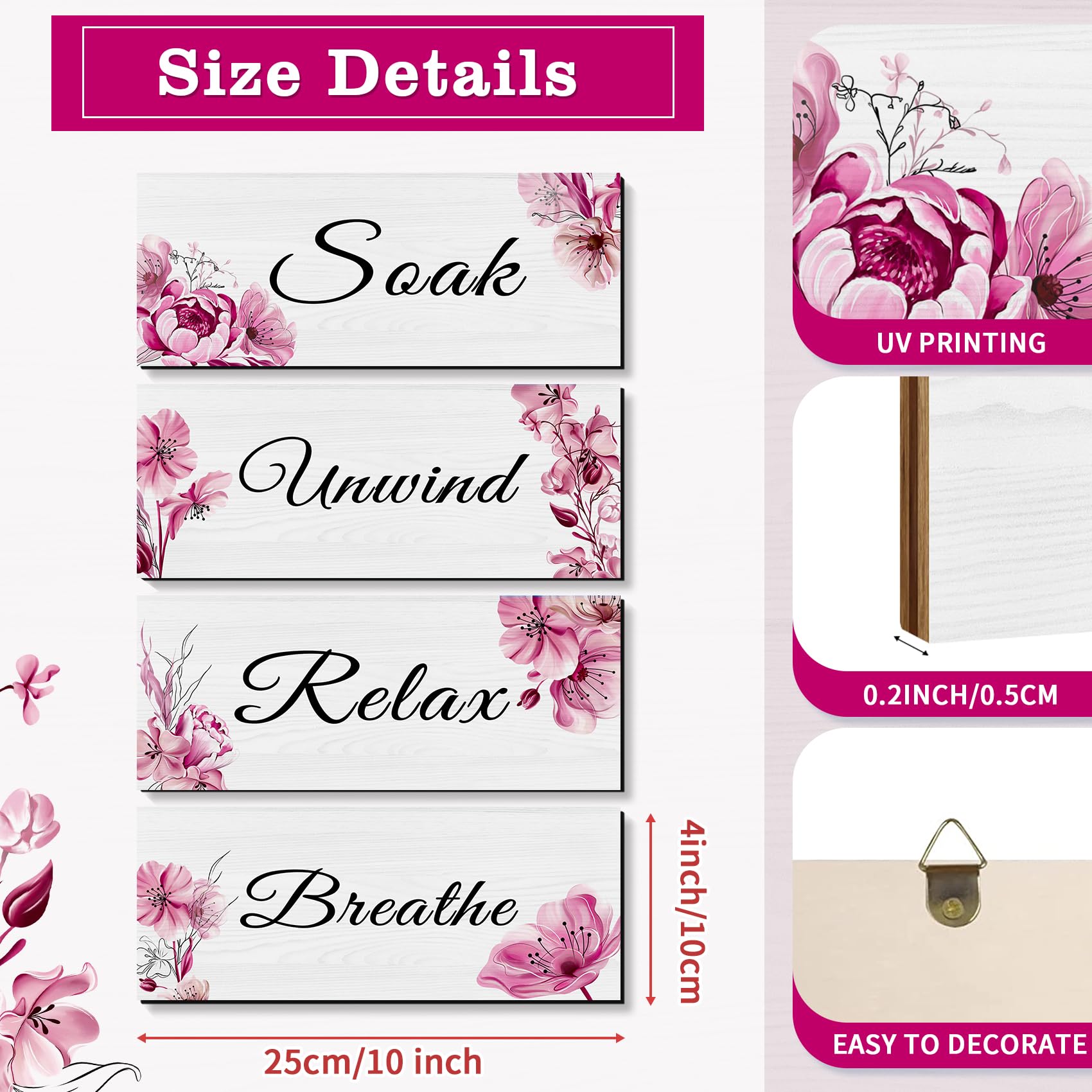 4 Pieces Bathroom Decor Relax Soak Unwind Breathe Wall Art Rustic Farmhouse Wooden Signs for Bathroom Home Spa Laundry Room (Pink)