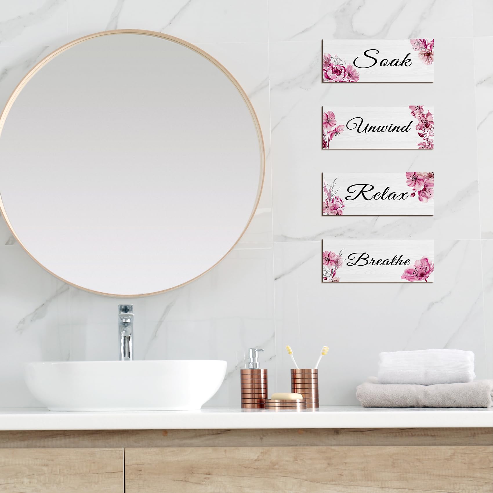 4 Pieces Bathroom Decor Relax Soak Unwind Breathe Wall Art Rustic Farmhouse Wooden Signs for Bathroom Home Spa Laundry Room (Pink)