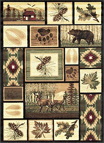 Champion Rugs Cabin Style Area Rug Rustic Western Country Bear Elk Deer Bear Wildlife Lodge Native American Design (5β 3β X 7β 5β)