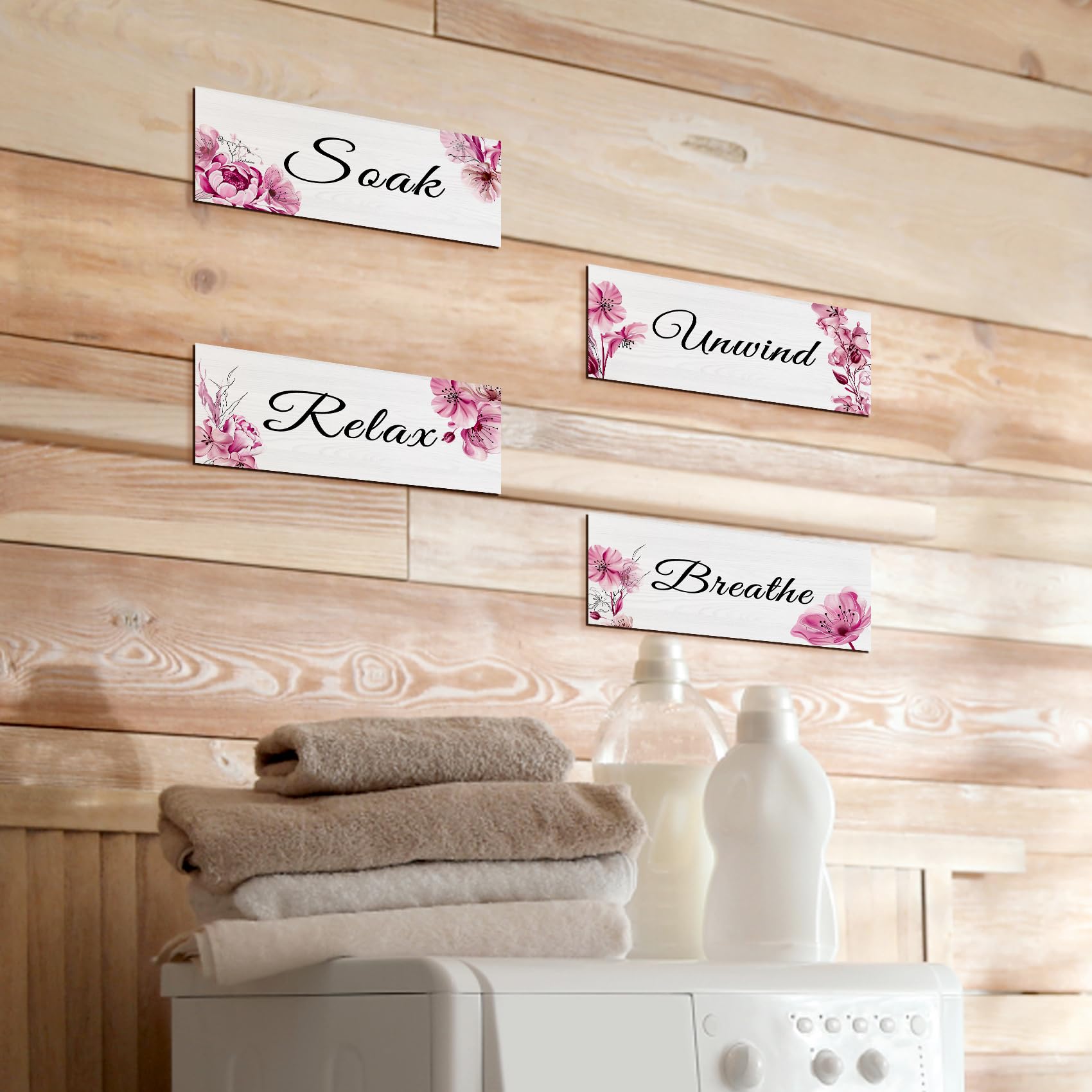 4 Pieces Bathroom Decor Relax Soak Unwind Breathe Wall Art Rustic Farmhouse Wooden Signs for Bathroom Home Spa Laundry Room (Pink)