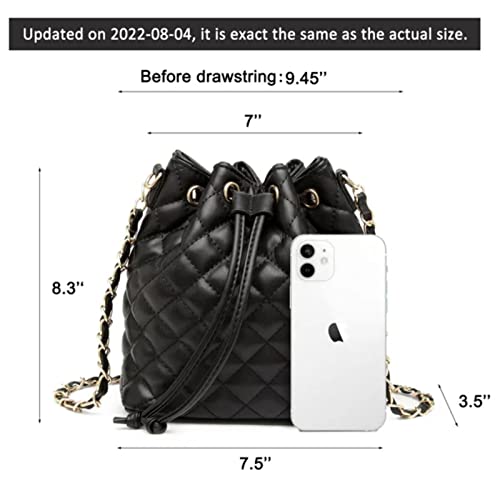 MCK Quilted Bucket Crossbody Bag and Purse for Women Drawstring Soft Vegan Leather Shoulder Bags Lightweight Handbags (Black)