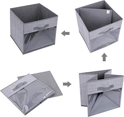 DIMJ Cube Storage Bins, 3 Packs Clear Window Fabric Storage Bin Organizer for Closet Shelves Home Storage Cubes Organizer with Handles