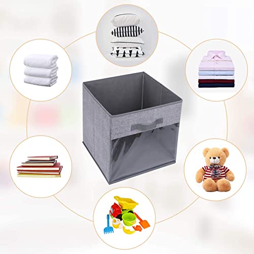 DIMJ Cube Storage Bins, 3 Packs Clear Window Fabric Storage Bin Organizer for Closet Shelves Home Storage Cubes Organizer with Handles