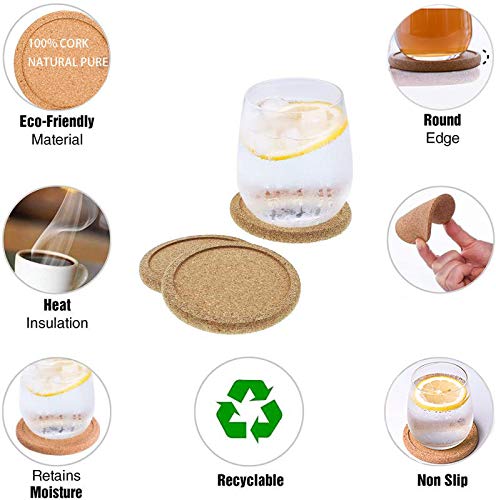 Geobom Natural Lip Cork Coasters for Drinks with Grooved Round Edge Set of 2 Absorbent Heat & Water Resistant Reusable Durable Saucers Bar Glass Cup & Mug Housewarming Gift (2)