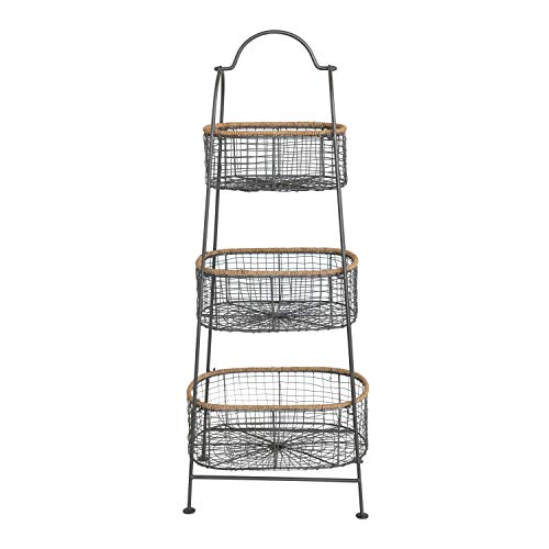 Creative Co-Op Metal & Rattan 3-Tier Removable Baskets Stand, Black