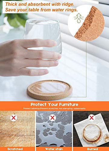Geobom Natural Lip Cork Coasters for Drinks with Grooved Round Edge Set of 2 Absorbent Heat & Water Resistant Reusable Durable Saucers Bar Glass Cup & Mug Housewarming Gift (2)