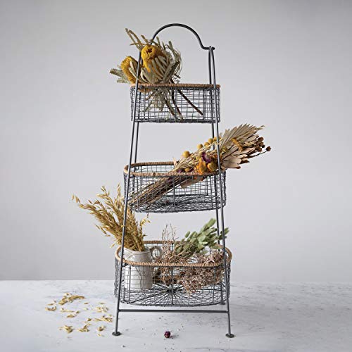 Creative Co-Op Metal & Rattan 3-Tier Removable Baskets Stand, Black