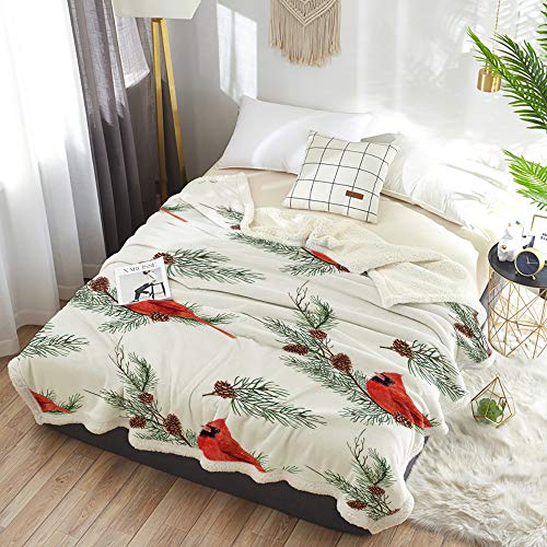 SUN-Shine Sherpa Fleece Throw Blanket Cardinal Birds with Pine Cones Leaves Home Decor Reversible Fuzzy Warm and Cozy Throws, Christmas Super Soft Plush Bed TV Blankets for Couch/Sofa/Travel
