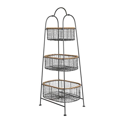 Creative Co-Op Metal & Rattan 3-Tier Removable Baskets Stand, Black