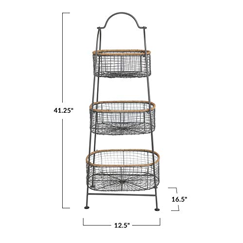 Creative Co-Op Metal & Rattan 3-Tier Removable Baskets Stand, Black