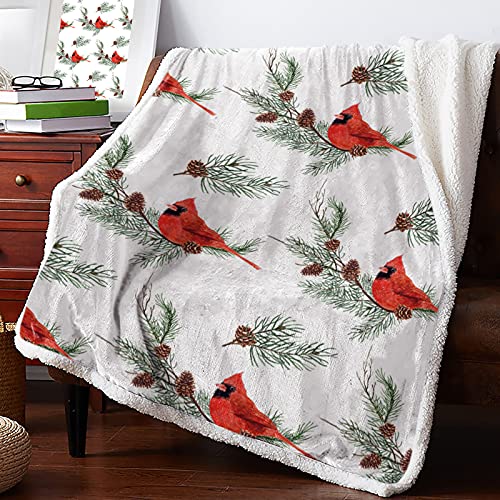 SUN-Shine Sherpa Fleece Throw Blanket Cardinal Birds with Pine Cones Leaves Home Decor Reversible Fuzzy Warm and Cozy Throws, Christmas Super Soft Plush Bed TV Blankets for Couch/Sofa/Travel