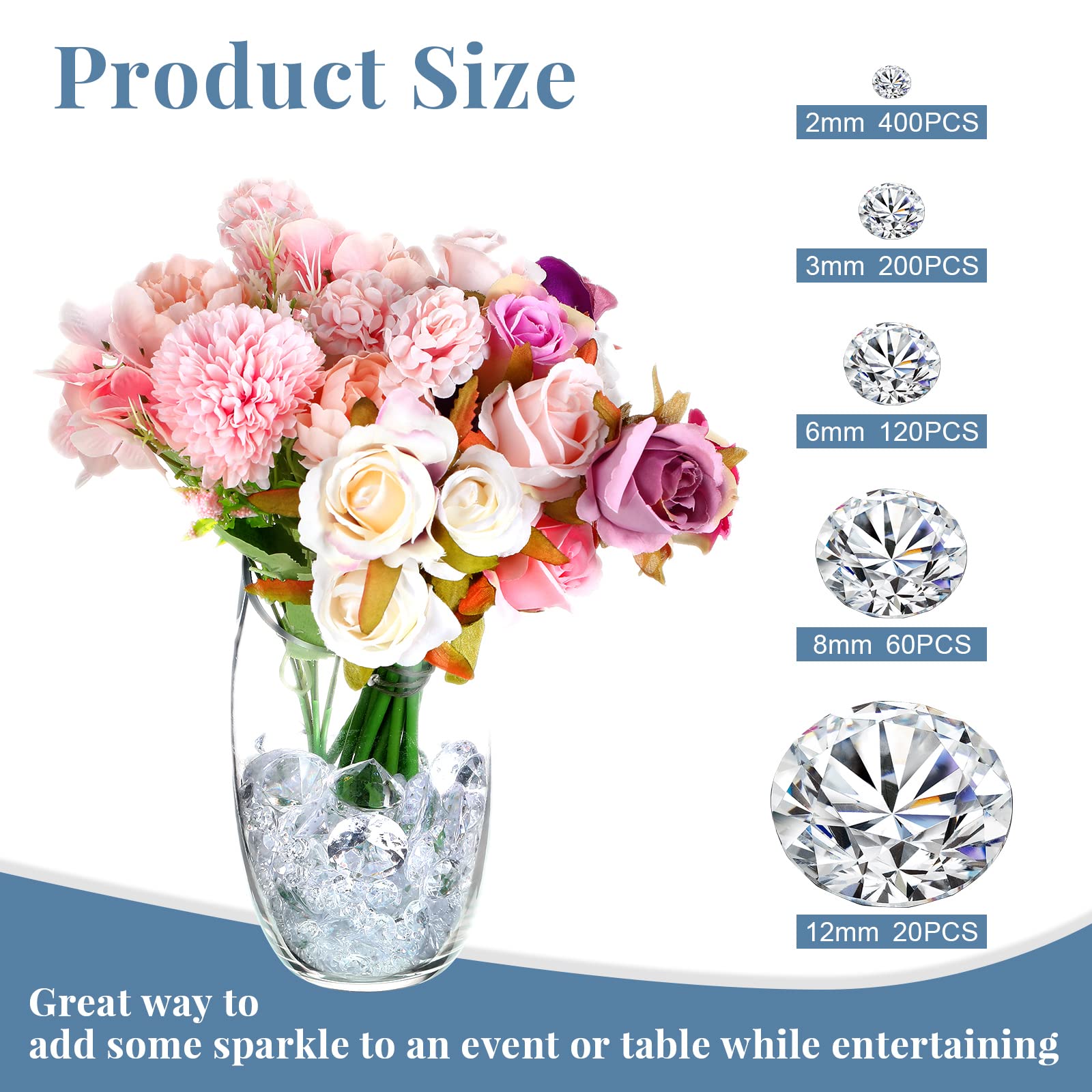Hicarer 800 Pieces Diamond Decorations Acrylic Diamond Table Scatter Crystals for Table for Vase Fillers Party Table (Clear, 12mm, 8mm, 6mm, 3mm, 2mm)