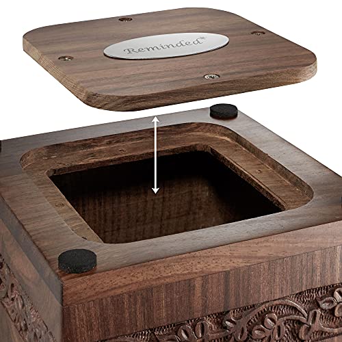 Reminded Rosewood Hand-Carved Urn Box with Solid Brass Cross - Cremation Memorial with Velvet Bag