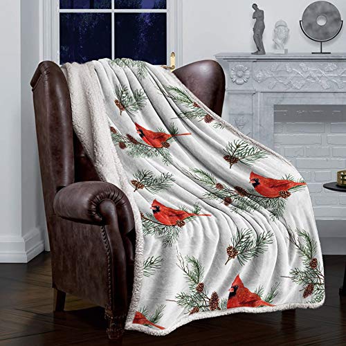 SUN-Shine Sherpa Fleece Throw Blanket Cardinal Birds with Pine Cones Leaves Home Decor Reversible Fuzzy Warm and Cozy Throws, Christmas Super Soft Plush Bed TV Blankets for Couch/Sofa/Travel
