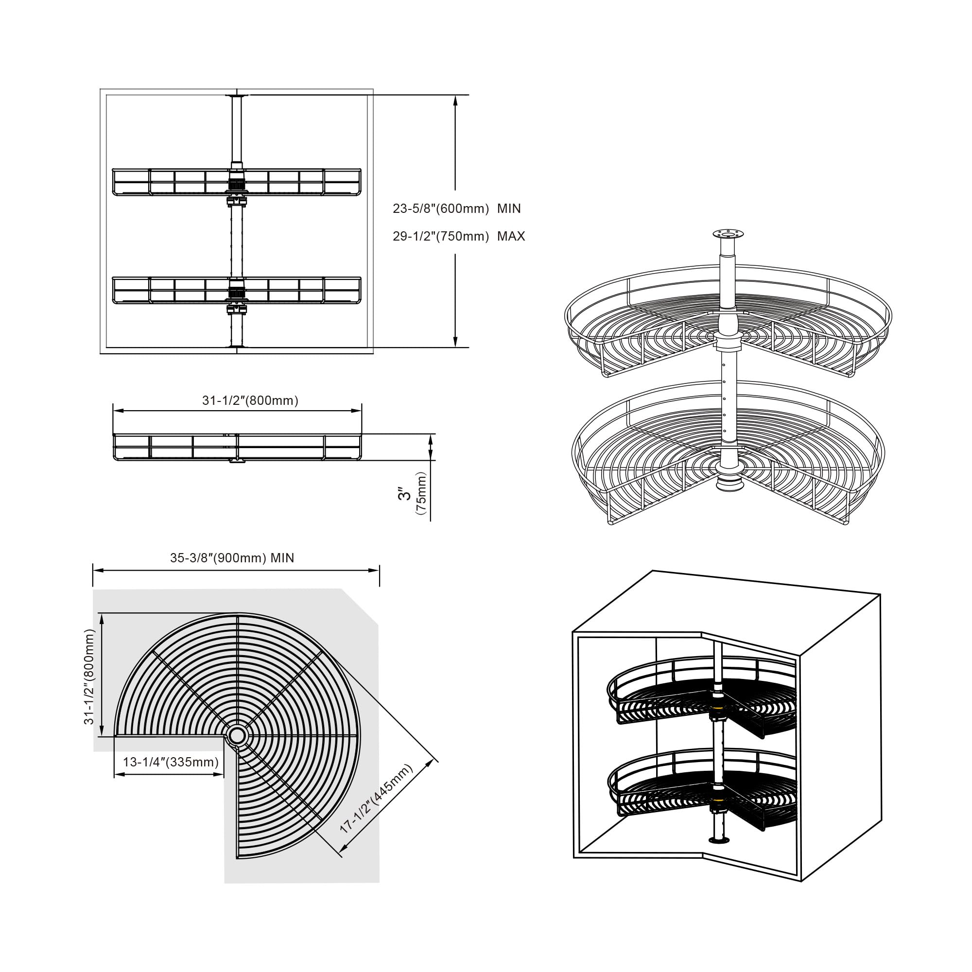 DOWELL 32inch Kidney Shape Chrome Lazy Susan Double Rack Kitchen Cabinet 2 Shelf Set 4001-270-32