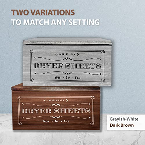 Dryer Sheet Holder for Laundry Room | Wooden Box Dryer Sheet Dispenser | Farmhouse Laundry Room Decor Accessories | Dryer Sheet Container with Lid | Laundry Room Organization Storage Container (Grayish White)| Laundry Softener Dispenser Sheets