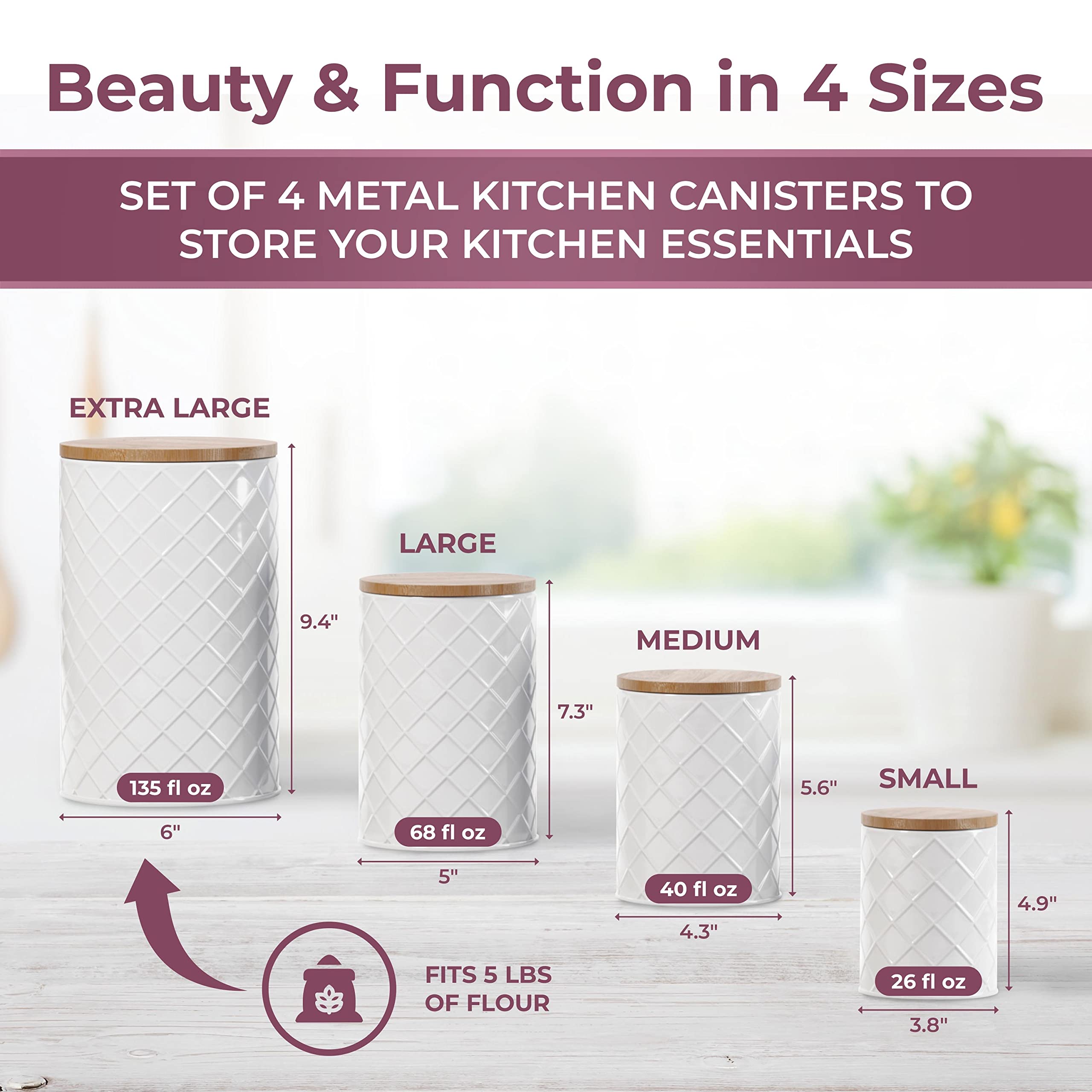 Pebble & Stem White Metal Canister Sets for Kitchen Counter, Kitchen Canisters Set of 4, Airtight Countertop Flour and Sugar Containers, Coffee and Tea Storage, Modern Farmhouse Kitchen Decor