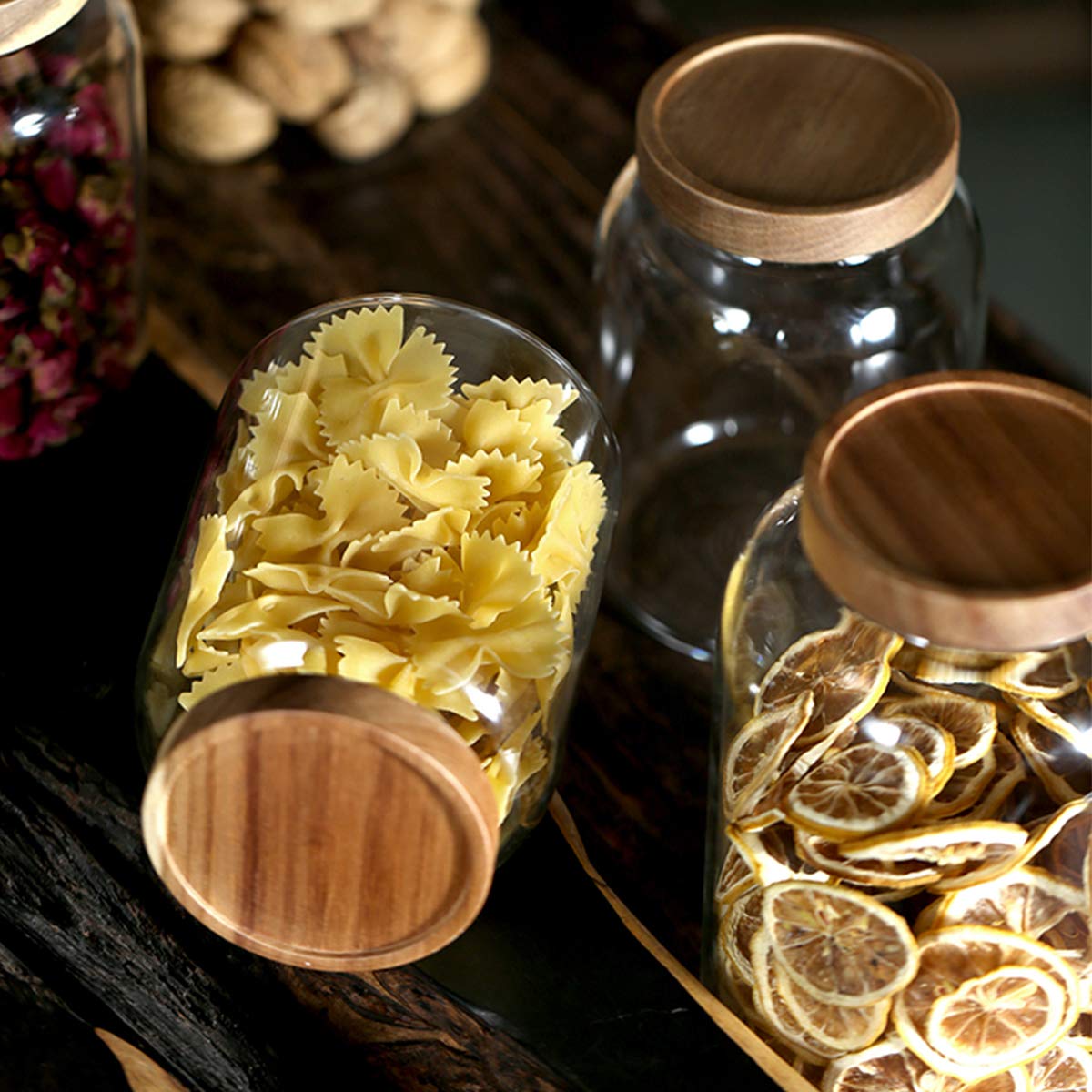 Bekith 1 Gallon Glass Jar with Wooden Airtight Lid, Large Food Storage Container/Canisters for Serving Tea, Coffee, Honey, Spice, Cereal, Egg, Kitchen Canister, Clear