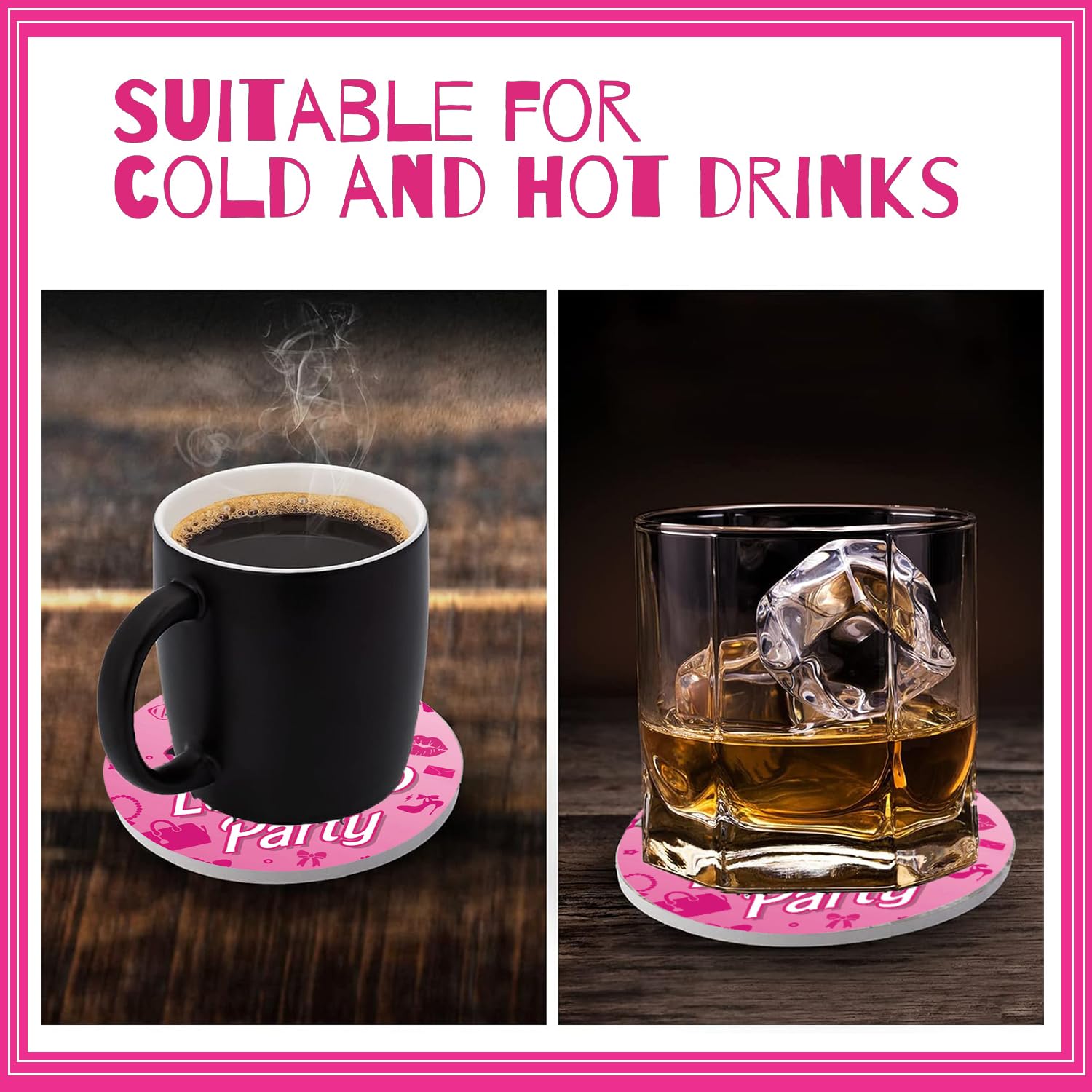 Drink Coasters with Holder, Absorbent Coaster Sets of 6, Let's Go Party Pink Girl Ceramic Coasters for Tabletop Protection,Suitable for All Kinds of Cups, Wooden Table, Cool Home Decor, 4 Inches