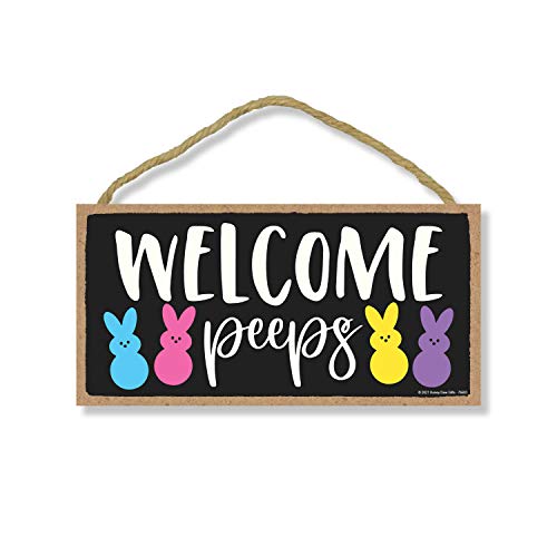 Honey Dew Gifts, Welcome Peeps, Easter Welcome Door Sign, Bunny Sign Decor, Rabbit Themed Wall Decor, 5 Inches by 10 Inches
