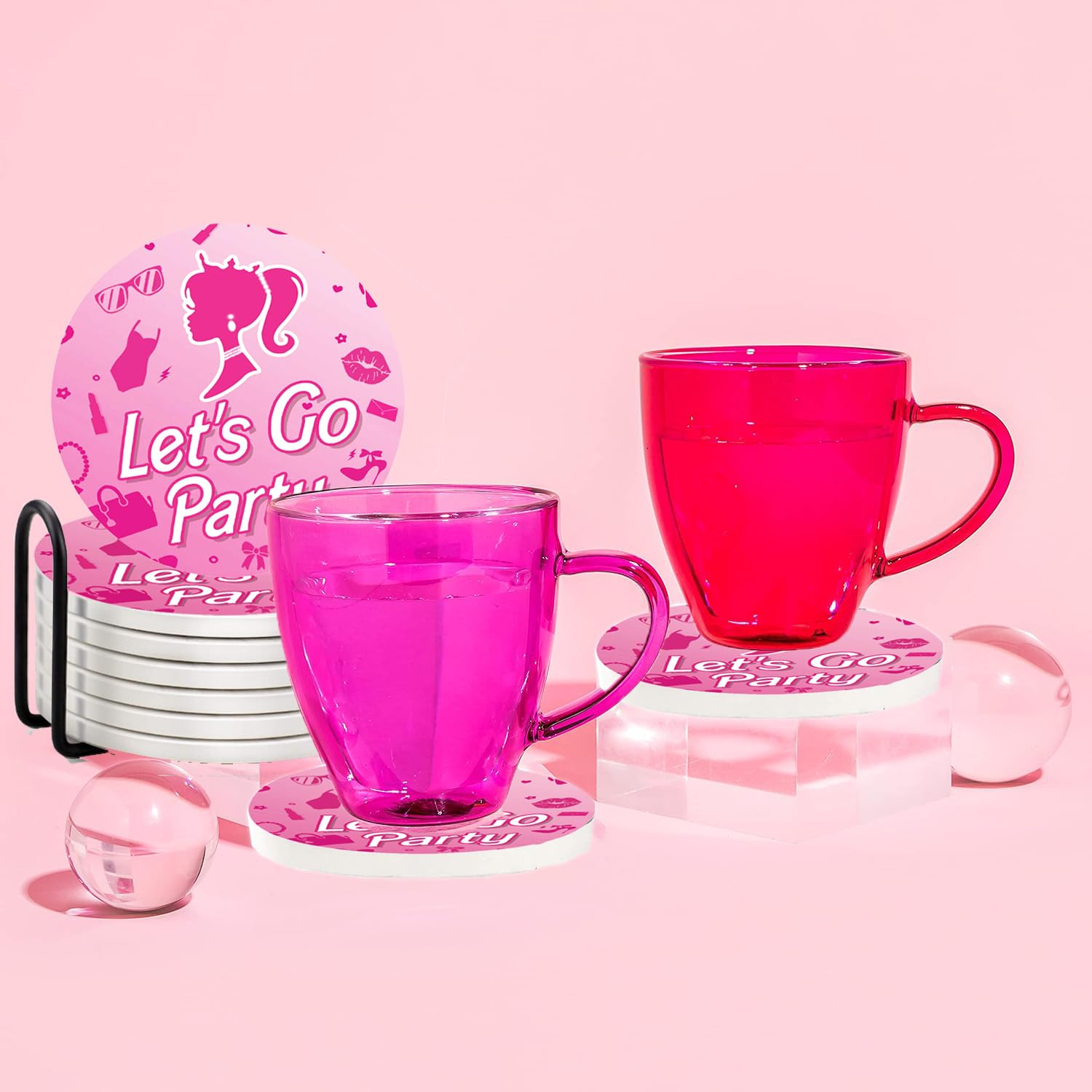 Drink Coasters with Holder, Absorbent Coaster Sets of 6, Let's Go Party Pink Girl Ceramic Coasters for Tabletop Protection,Suitable for All Kinds of Cups, Wooden Table, Cool Home Decor, 4 Inches