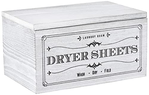 Dryer Sheet Holder for Laundry Room | Wooden Box Dryer Sheet Dispenser | Farmhouse Laundry Room Decor Accessories | Dryer Sheet Container with Lid | Laundry Room Organization Storage Container (Grayish White)| Laundry Softener Dispenser Sheets