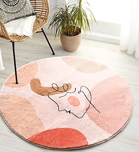 YoKii Cute Pink Round Rug 3ft for Bedroom Living Room Modern Boho Faux Wool Soft Circle Bathroom Rug Rubber Backed Small Area Rugs Abstract Aesthetic Dorm Carpet Room Deocr (Rounnd-3ft, Pink)