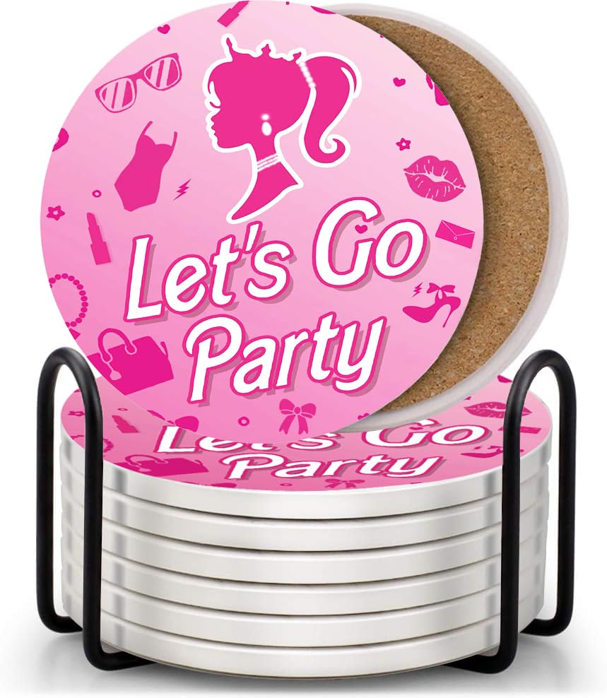 Drink Coasters with Holder, Absorbent Coaster Sets of 6, Let's Go Party Pink Girl Ceramic Coasters for Tabletop Protection,Suitable for All Kinds of Cups, Wooden Table, Cool Home Decor, 4 Inches