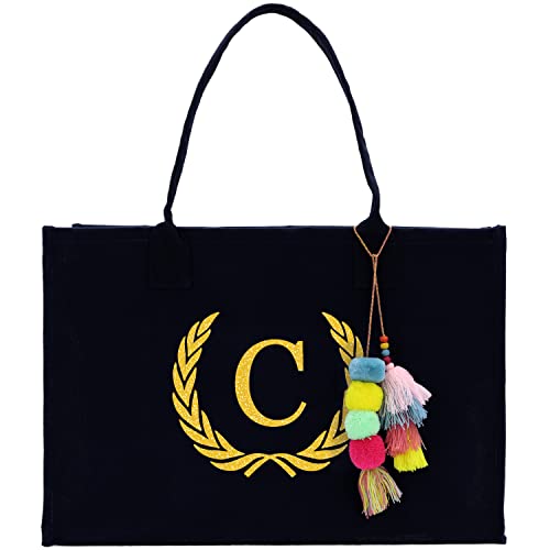 VANESSA ROSELLA Personalized Gift Monogram Initial 100% Cotton Chic Tote Bag for Women - Black (C)