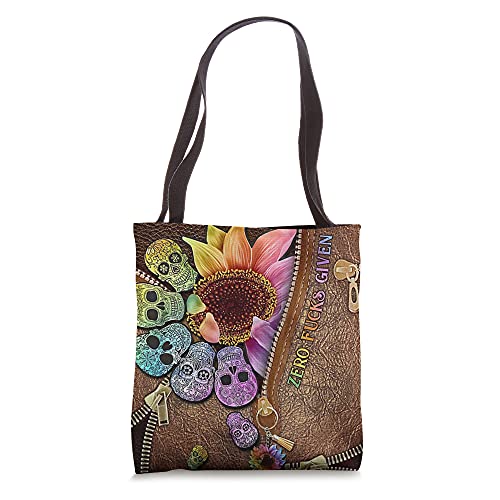 Zero Fcks Sugar Skull Given Sunflower Zipper-Leather-Lover Tote Bag