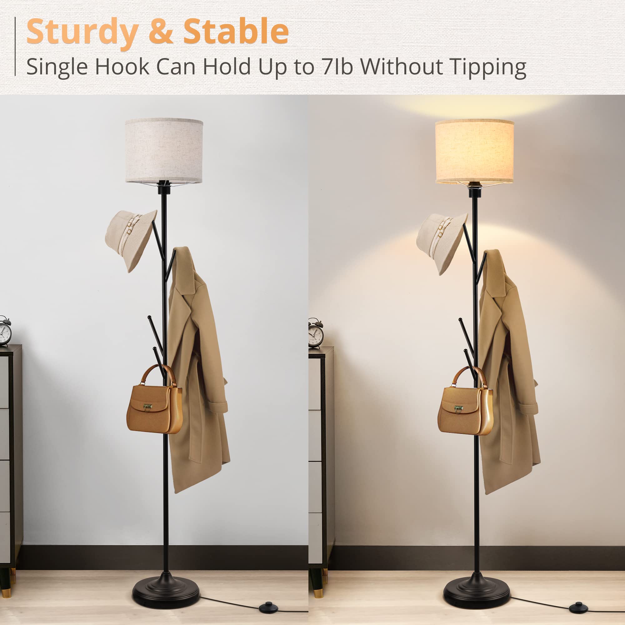 LEDIARY Black Floor Lamp with Coat Rack, 3000K Soft White Multi-Purpose Standing Floor Lamp for Living Room Bedroom Office, Modern Style Tall Pole Lamp with Linen Lamp Shade & Foot Switch