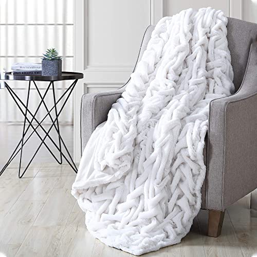 Modern Threads Luxury Solid Braided Faux Fur Reverse to Flannel Throw Blanket, Off White - 50" x 60"