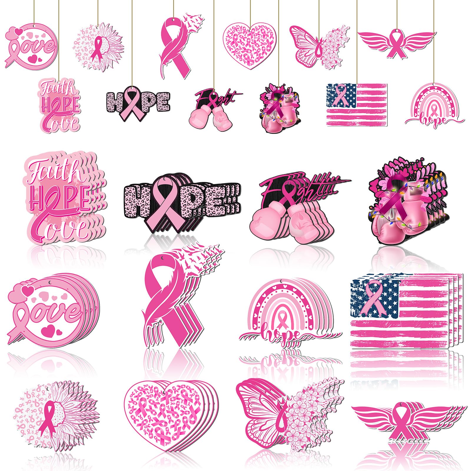 Sintuff 36 Pieces Breast Cancer Awareness Decorations Wooden Pink Ribbon Ornaments for Tree Pink Ribbon Party Hanging Decoration Wooden Pink Ribbon Decorations for Tree Breast Cancer Awareness Month