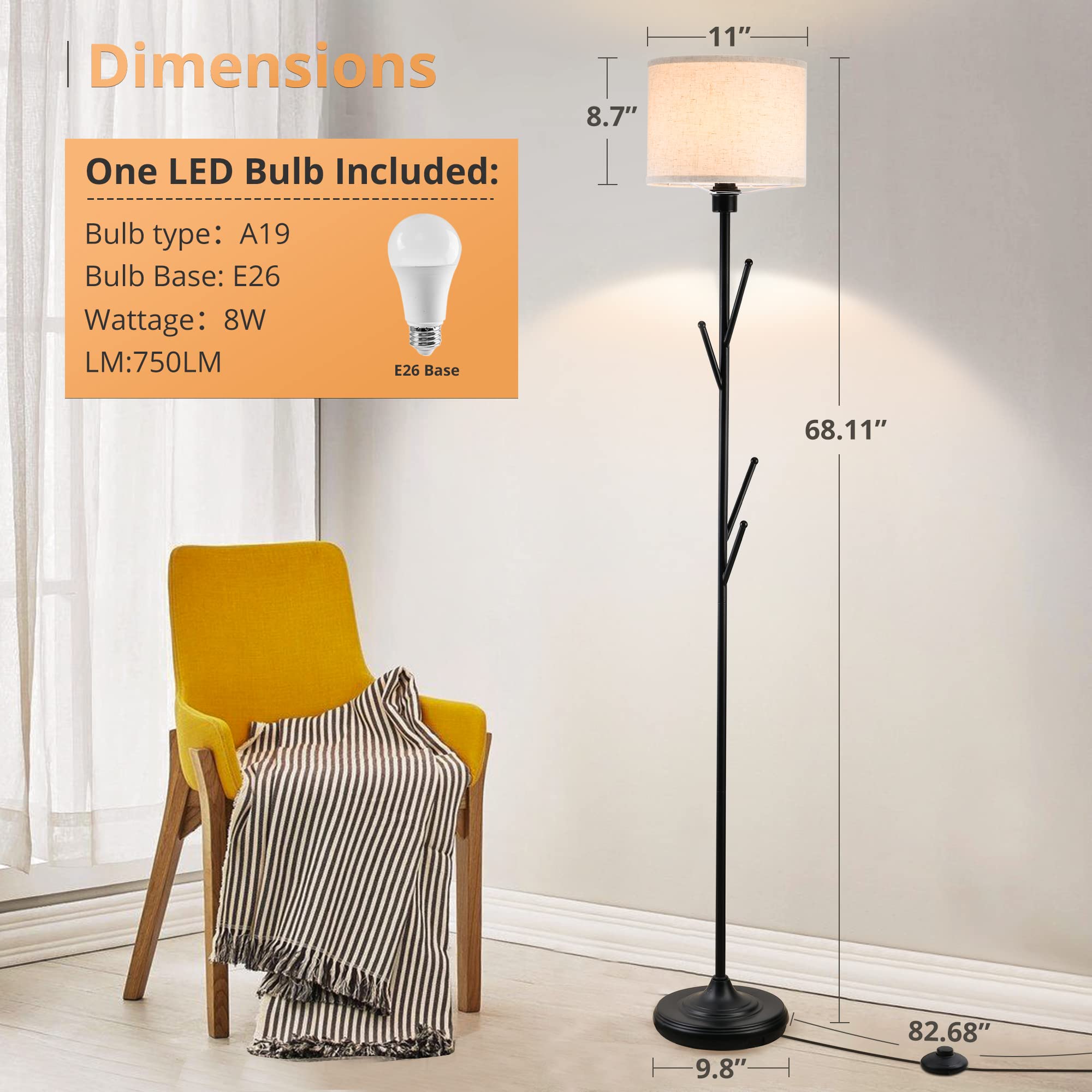 LEDIARY Black Floor Lamp with Coat Rack, 3000K Soft White Multi-Purpose Standing Floor Lamp for Living Room Bedroom Office, Modern Style Tall Pole Lamp with Linen Lamp Shade & Foot Switch