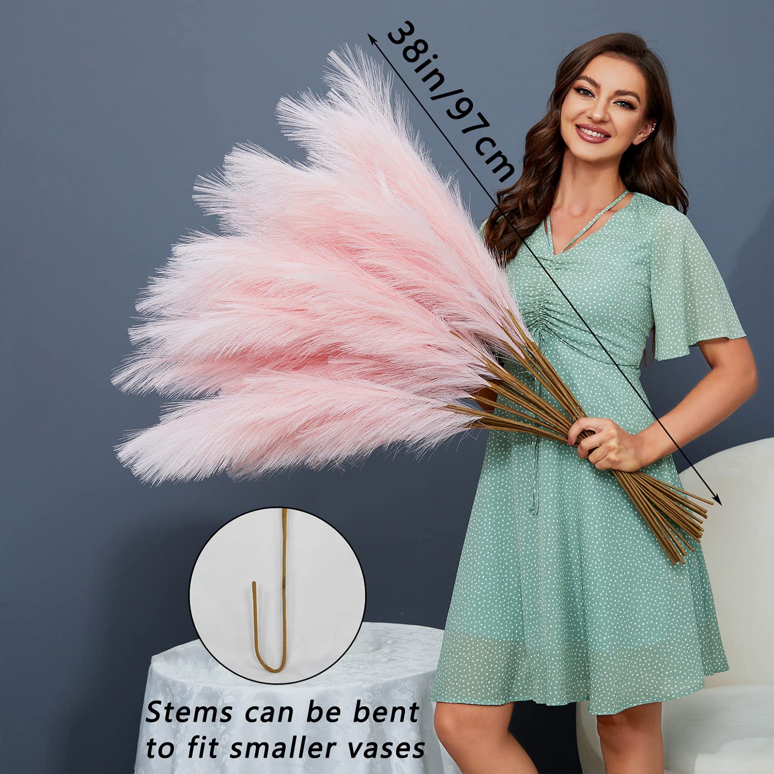 FOTEEWL 8 PCS Faux Pampas Grass Decor 38"/3.1FT Tall Fake Pompas Floral Large Artificial Pompous Grass Branches Plants for Floor Vase Filler Home Boho Decoration (Pink)