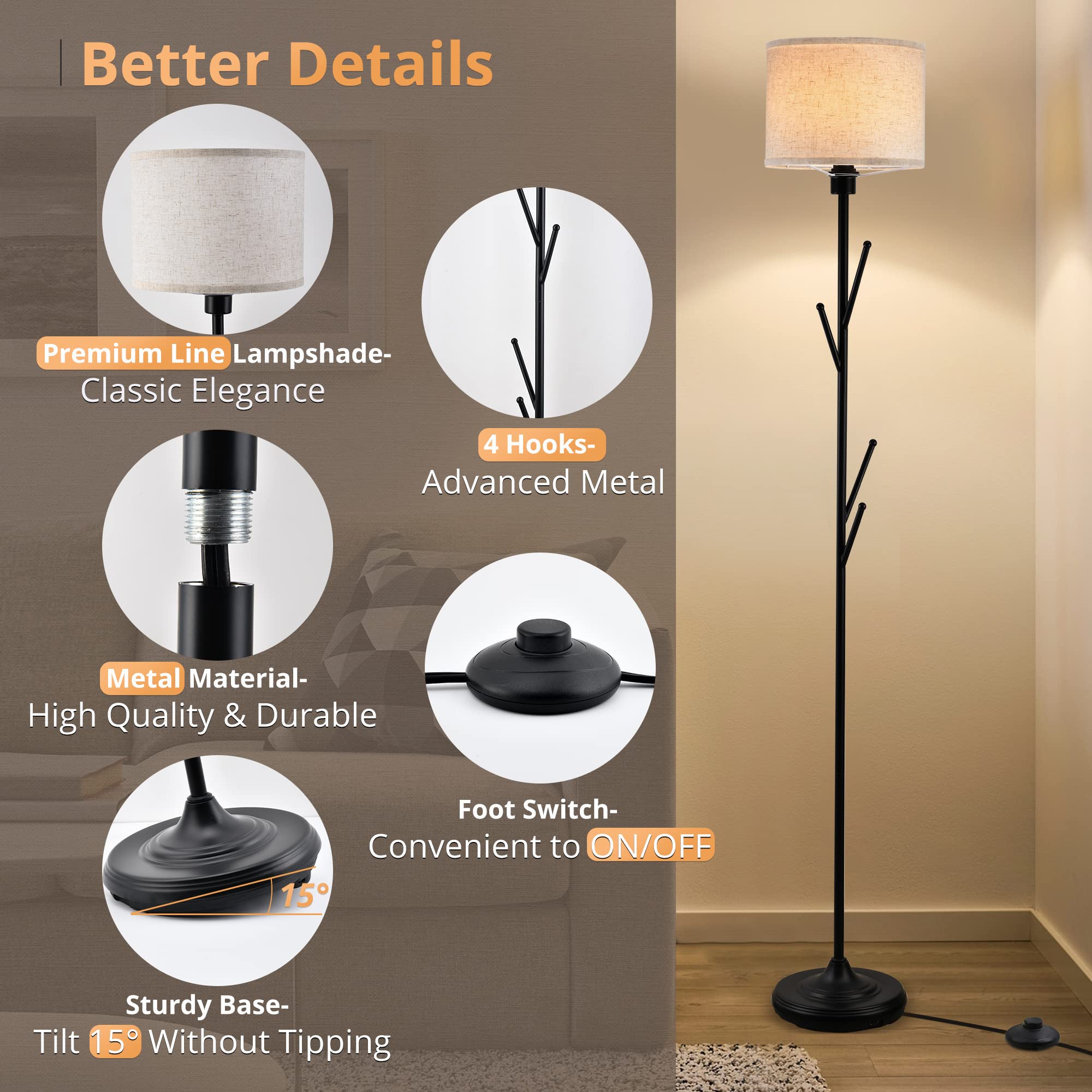 LEDIARY Black Floor Lamp with Coat Rack, 3000K Soft White Multi-Purpose Standing Floor Lamp for Living Room Bedroom Office, Modern Style Tall Pole Lamp with Linen Lamp Shade & Foot Switch