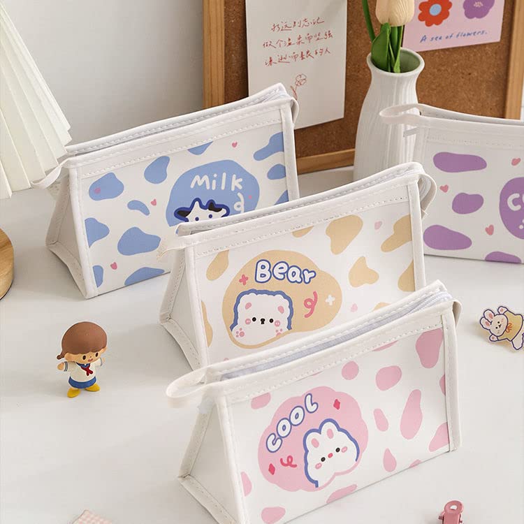Aufruh Cow Pencil Case PU Leather Cute Cartoon Animal Pencil Pouch Blue Make Up Case Cosmetic Bag Stationary Kawaii Pencil Box