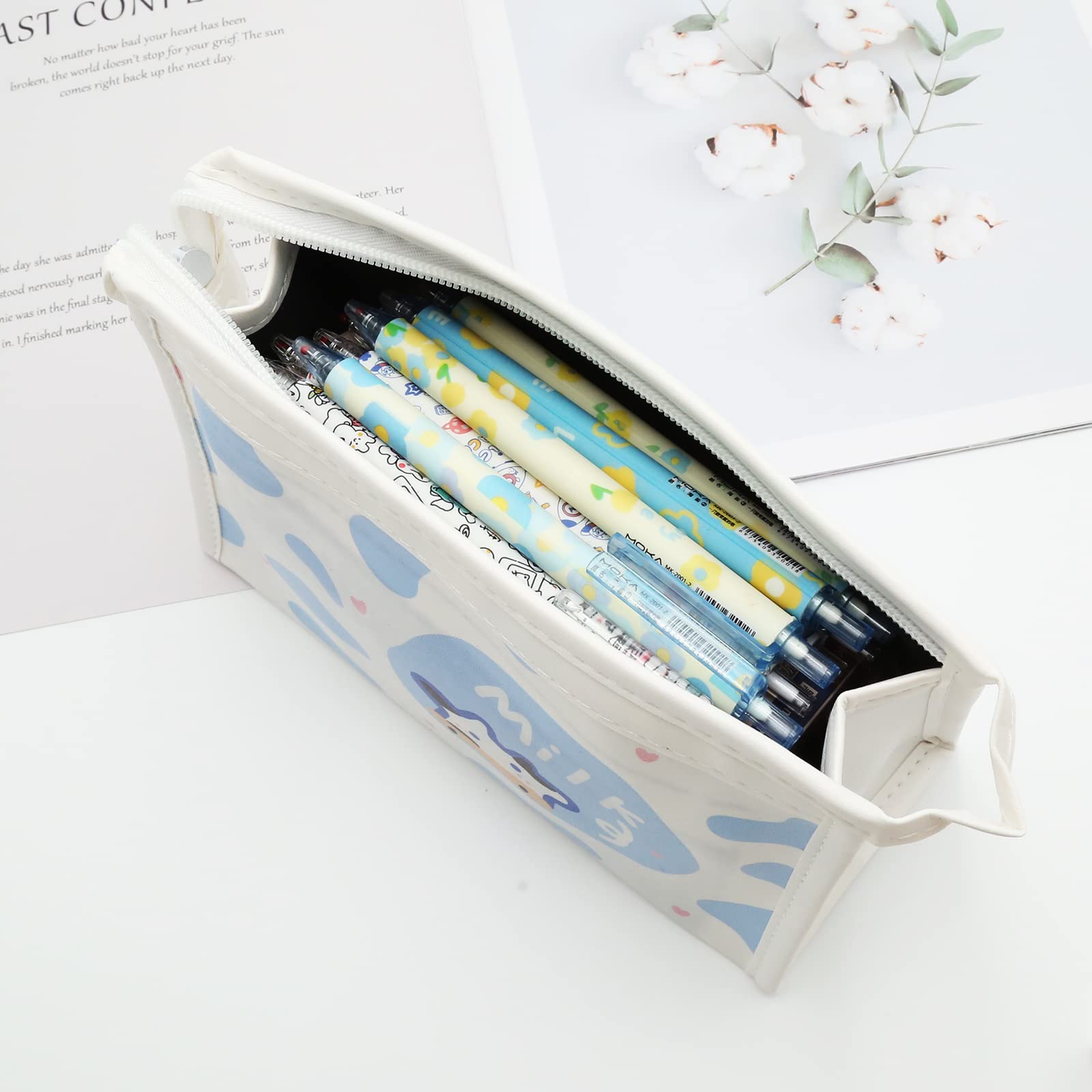 Aufruh Cow Pencil Case PU Leather Cute Cartoon Animal Pencil Pouch Blue Make Up Case Cosmetic Bag Stationary Kawaii Pencil Box