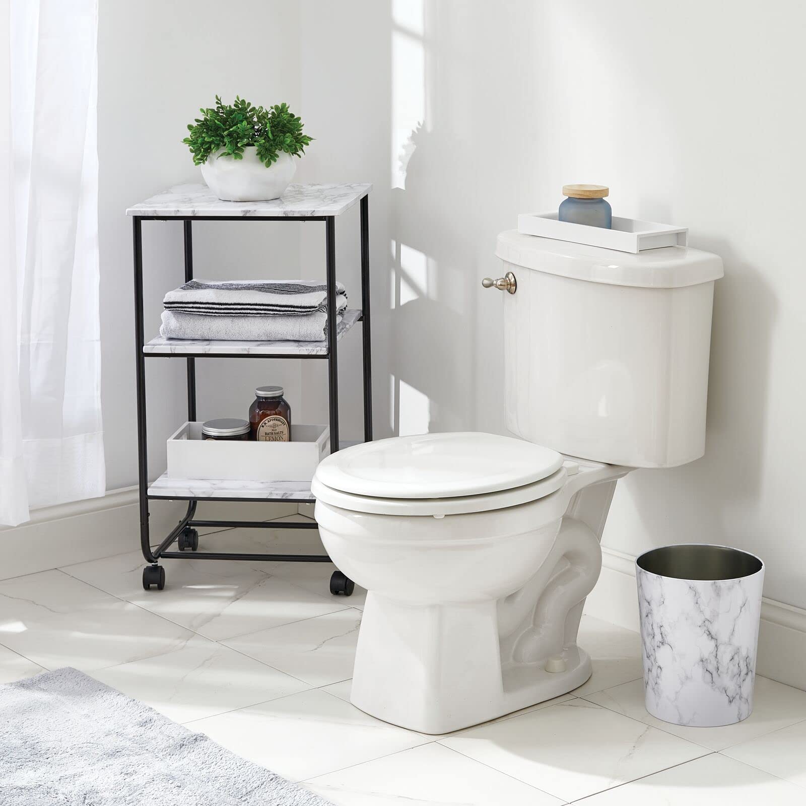 mDesign Round Metal Small 1.7 Gallon Recycle Trash Can Wastebasket, Garbage Container Bin for Bathrooms, Kitchen, Bedroom, Home Office - Durable Stainless Steel - Mirri Collection - White Marble