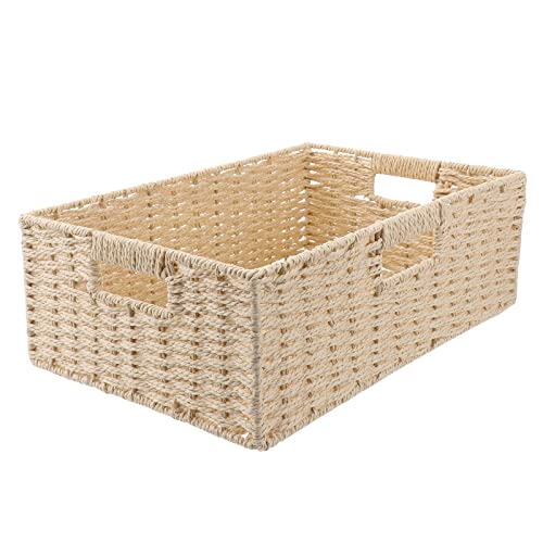 Healifty Rattan Storage Basket Countertop Rectangular Wicker Basket with Handles Book Cosmetic Sundries Holder Hand Woven Basket for Home Office