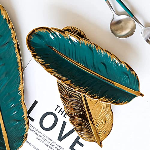 Organizer Tray Feather Trinket Dish Ceramic Jewelry Dish Organizer Vanity Dressers Tray for Bathroom Closets Tray Desk Ornate Jewelry-Green