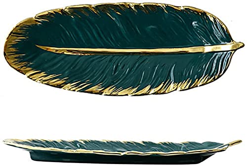 Organizer Tray Feather Trinket Dish Ceramic Jewelry Dish Organizer Vanity Dressers Tray for Bathroom Closets Tray Desk Ornate Jewelry-Green