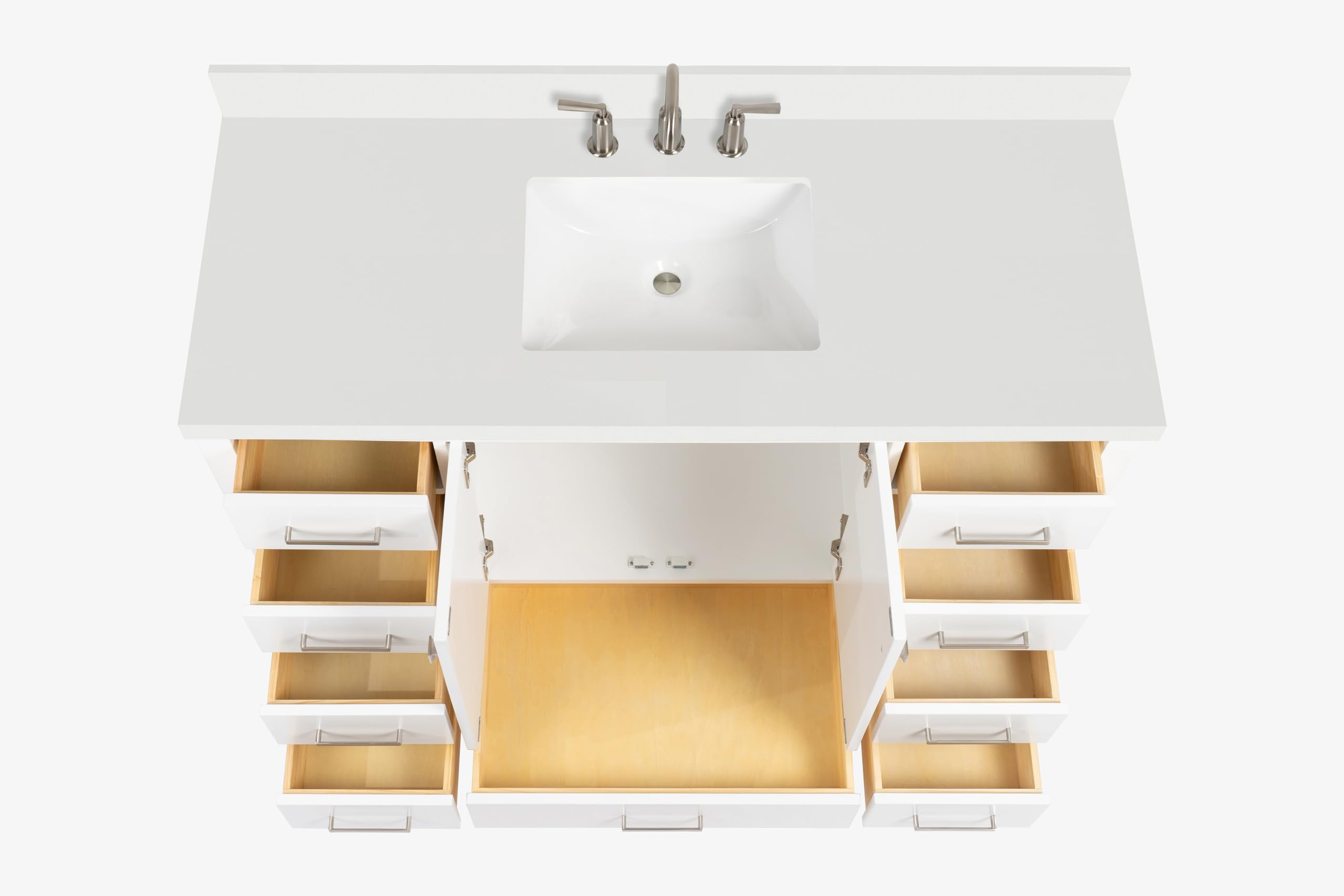 ARIEL Cambridge 55" White Bathroom Vanity with Sink, 1.5" Edge Pure White Quartz Countertop & Backsplash, Center Rectangular Sink, 2 Soft Closing Doors, 9 Full Extension Dovetail Drawers