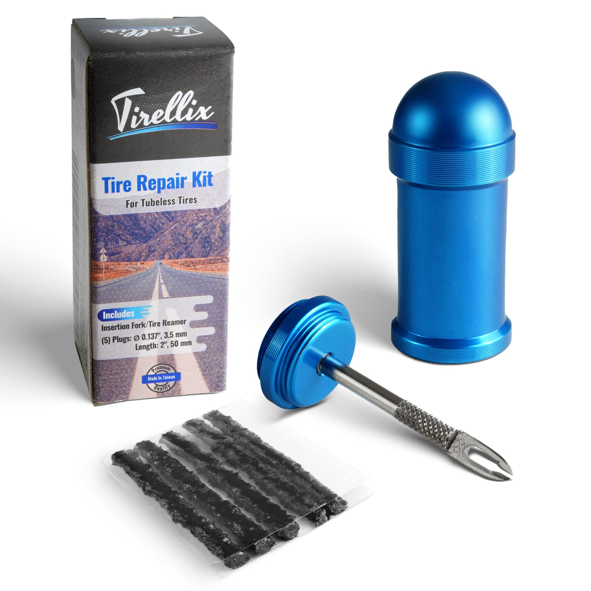 Tirellix Tubeless Bicycle Tire Repair Kit (Blue), Includes 5 (1/8") 3.5mm Plugs to Repair Mountain & Road Bike, Fix Flat for MTB, Car or ATV, Plus Storage Capsule Grip Extender