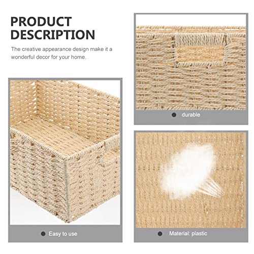 Healifty Rattan Storage Basket Countertop Rectangular Wicker Basket with Handles Book Cosmetic Sundries Holder Hand Woven Basket for Home Office