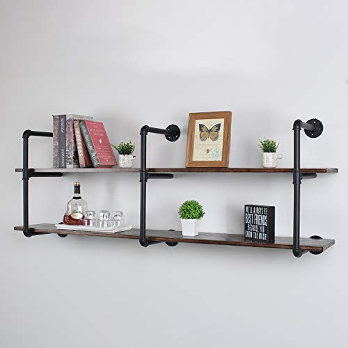 OISSIO Industrial Pipe Wall Shelf,2-Tiers Wall Mount Bookshelf,63in Rustic Wall Mount Shelf,DIY Storage Shelving Floating Shelves,Rustic Pipe Shelving Unit,Wall Book Shelf for Home Organizer