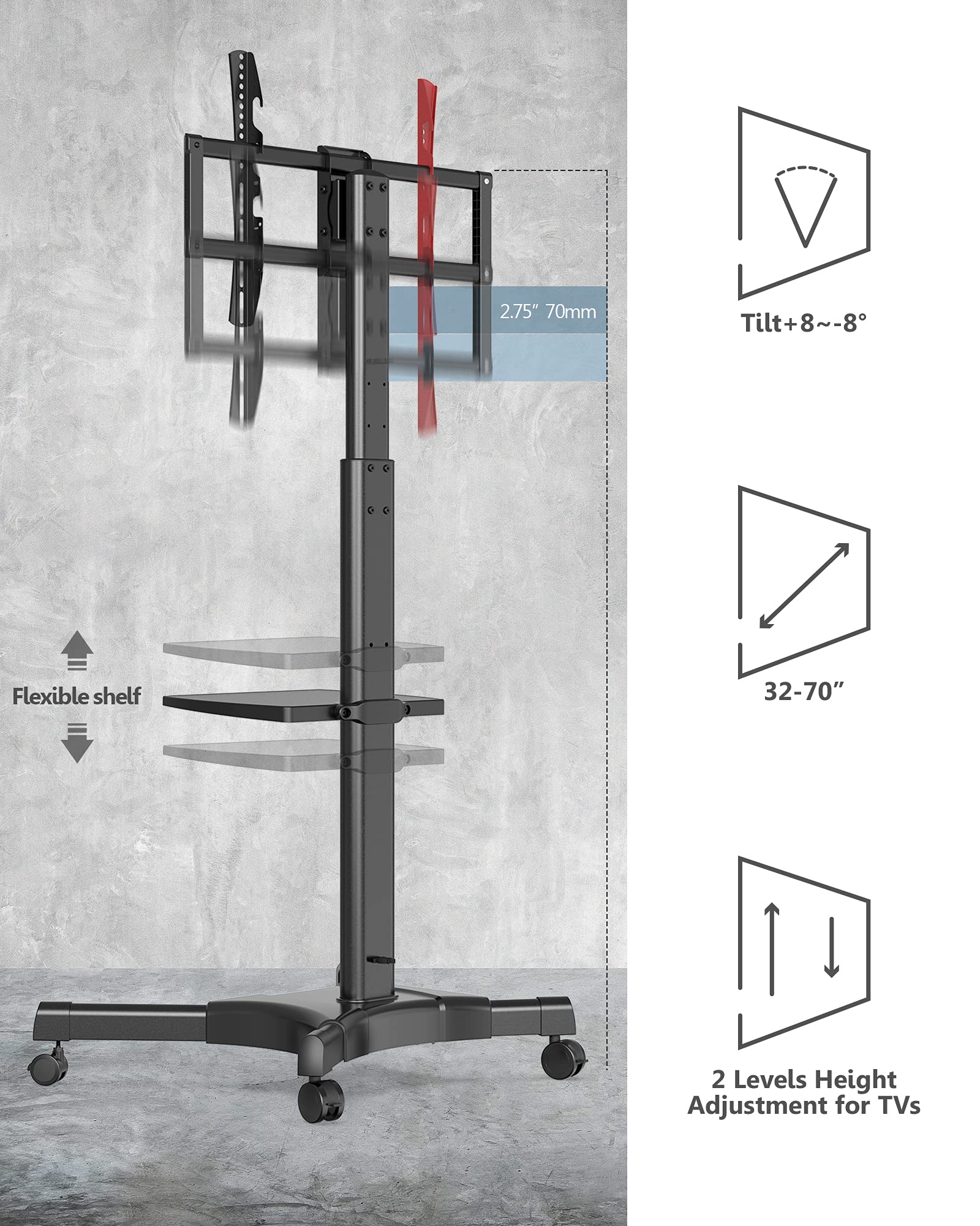FITUEYES Tall TV Cart Mobile TV Stand for 32 to 70 Inch LED LCD Flat Curved Screen TVs Rolling Black Swivel Floor Stand with Height Adjustable Shelf & Lockable Casters - VESA 600x400mm, holds up 88lbs