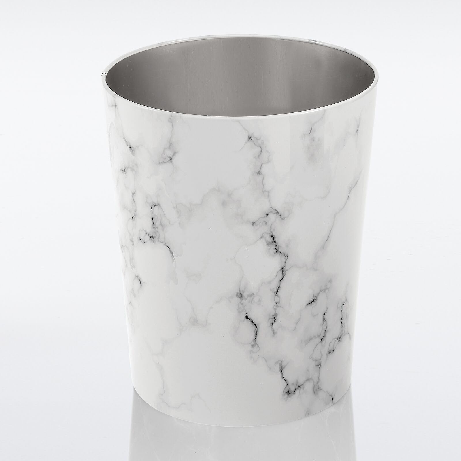 mDesign Round Metal Small 1.7 Gallon Recycle Trash Can Wastebasket, Garbage Container Bin for Bathrooms, Kitchen, Bedroom, Home Office - Durable Stainless Steel - Mirri Collection - White Marble