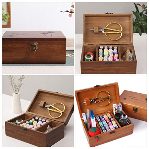 Cabilock Wood Sewing Storage Basket Knitting Crochet Embroidery Art Supplies Organizer Household Travel Sewing Repair Accessories Box for DIY Beginner Camper Without Accessories